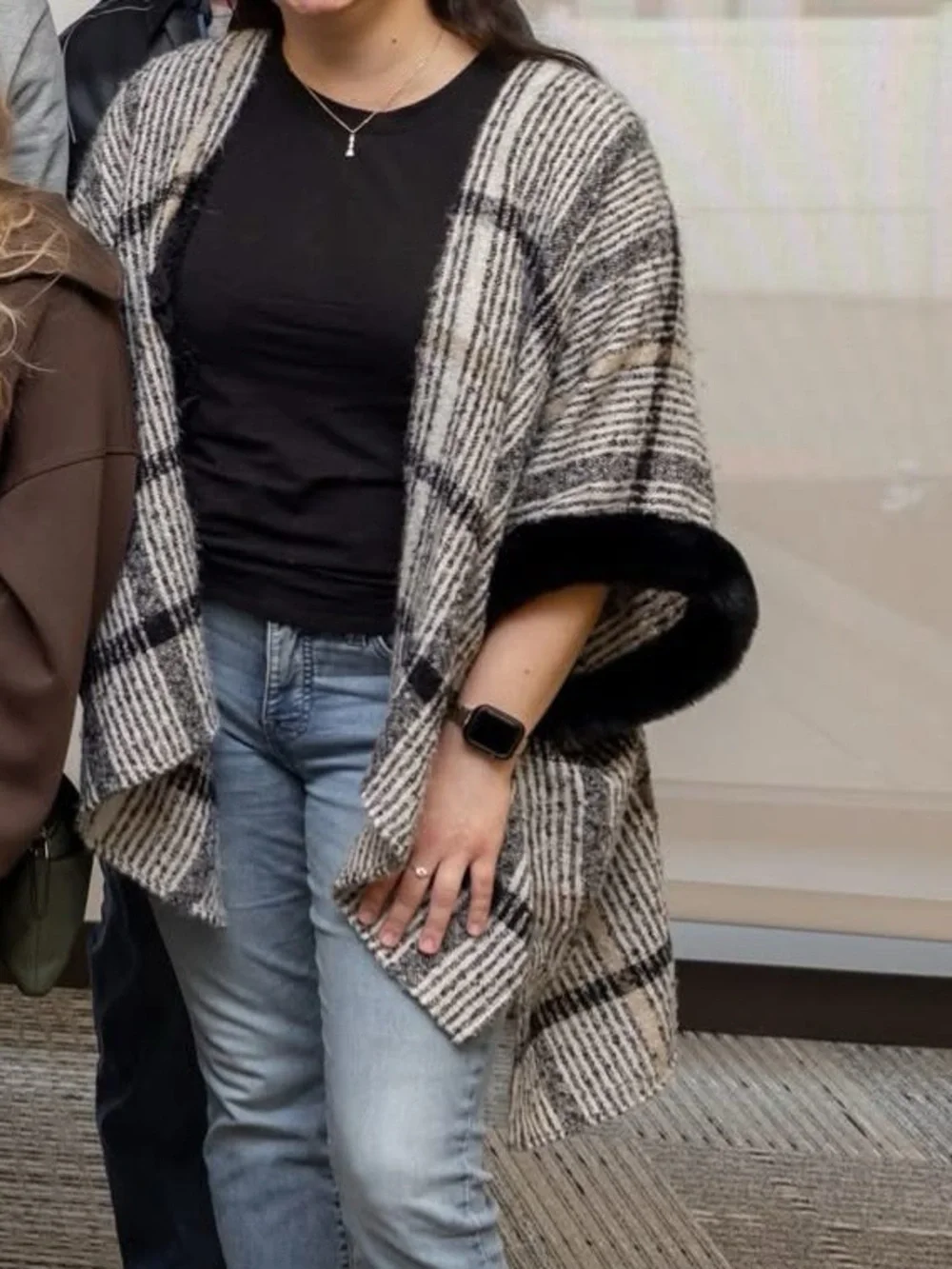 Vince Camuto | Sweaters | Plaid Poncho Sweater With Fur Trim | Poshmark